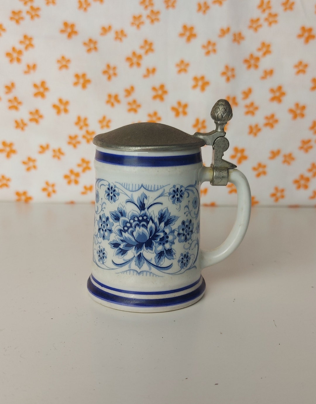 Vintage West German Echt Kobalt Pewter Lidded Porcelain Beer Stein 7 ...