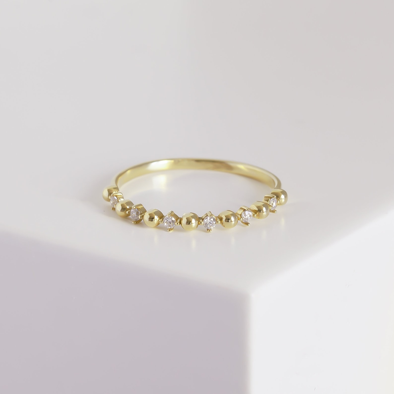 14K Solid Gold Diamond Bold Bead Ring, Dainty Beaded Wedding Ring for Women, Gold Bubble Ring ...