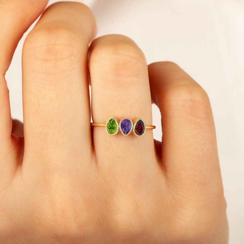 14k Solid Gold Pear Birthstone Ring, Drop Family Birthstone Ring ...