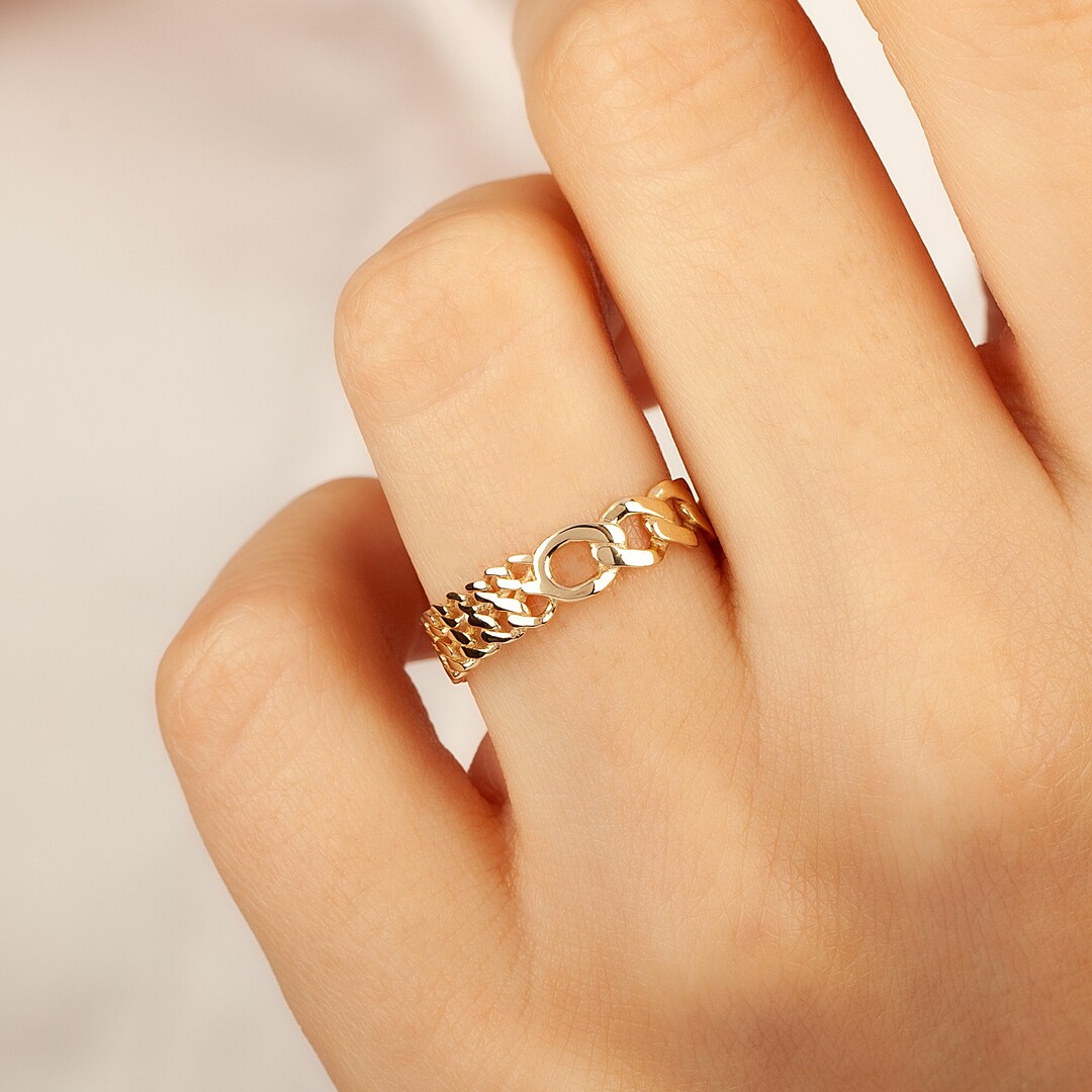 14k Solid Gold Bold Cuban Chain Ring | 10k 18k Gold Chunky Chain Link Ring | Bold Curb Link Ring ...