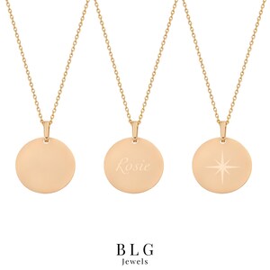 14k Solid Gold Custom Engrave Disc Necklace, Both Side Free Laser ...