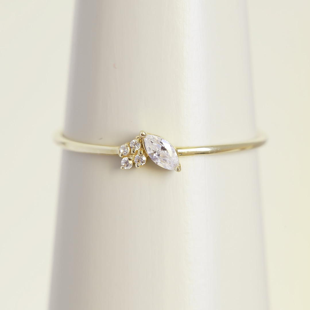 14k Solid Gold Marquise Diamond Ring Dainty Gold Leaf Ring - Etsy