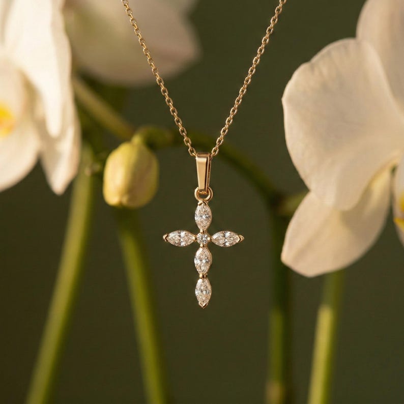 14k Solid Gold Marquise Cross Necklace Tiny Pendant Minimalist Faith