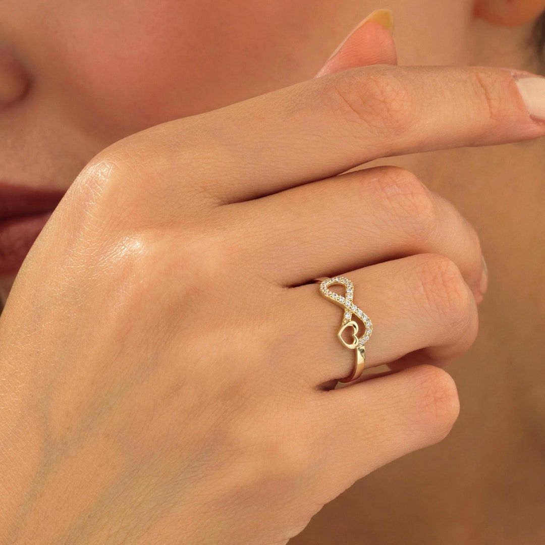 14k Real Solid Gold Infinity Heart Ring, Women Heart Ring, Infinity Symbol Gemstone Gold Ring ...