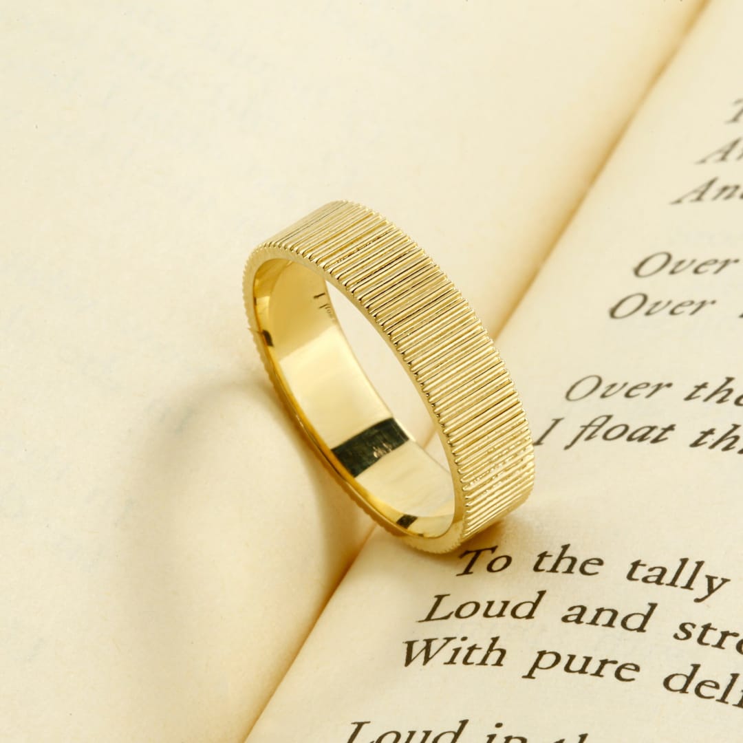 14k Solid Gold Wedding Band, Vertical Lines Band, Textured Band, Dainty ...