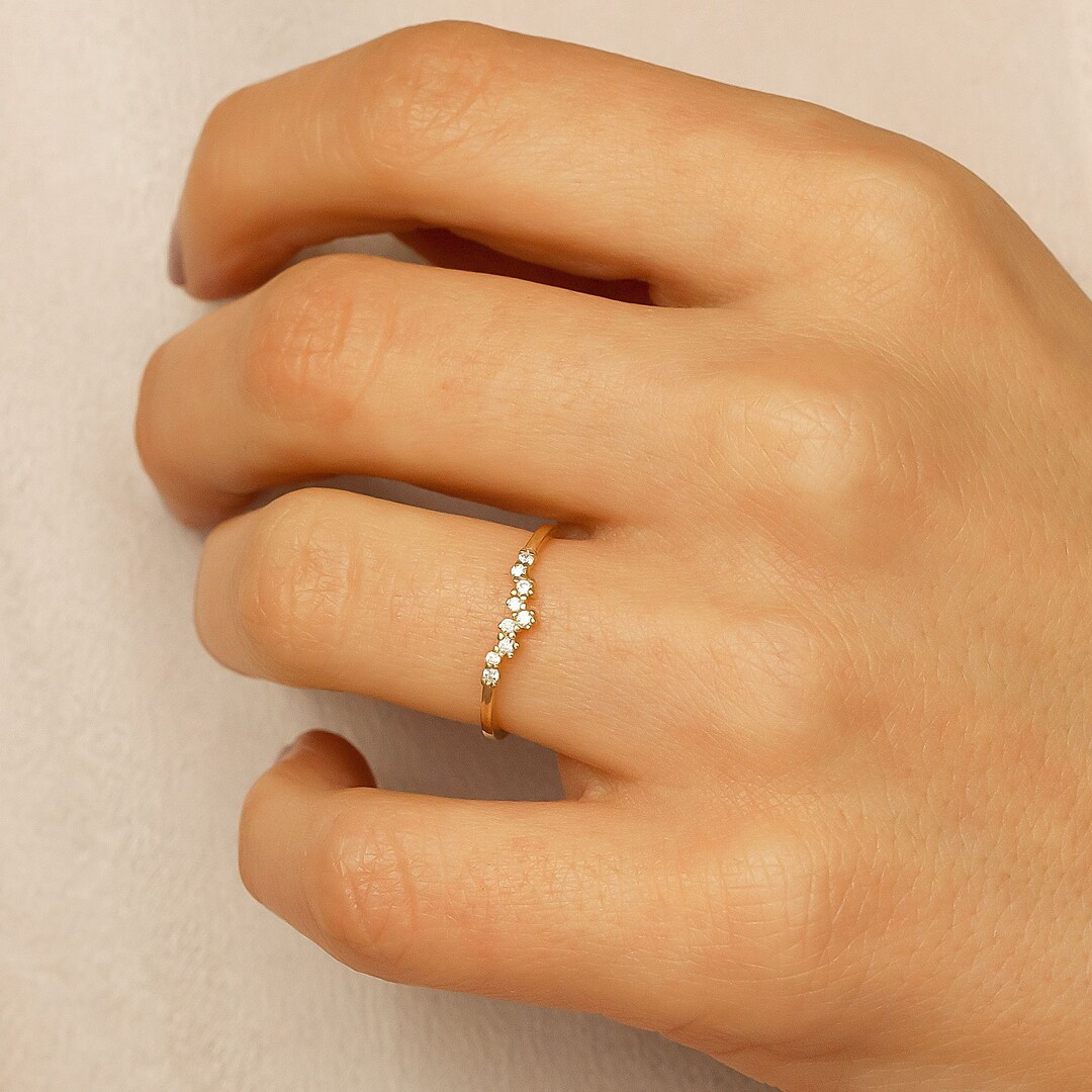 14k Solid Gold Diamond Curved Cluster Ring, Curve Wedding Band Ring ...