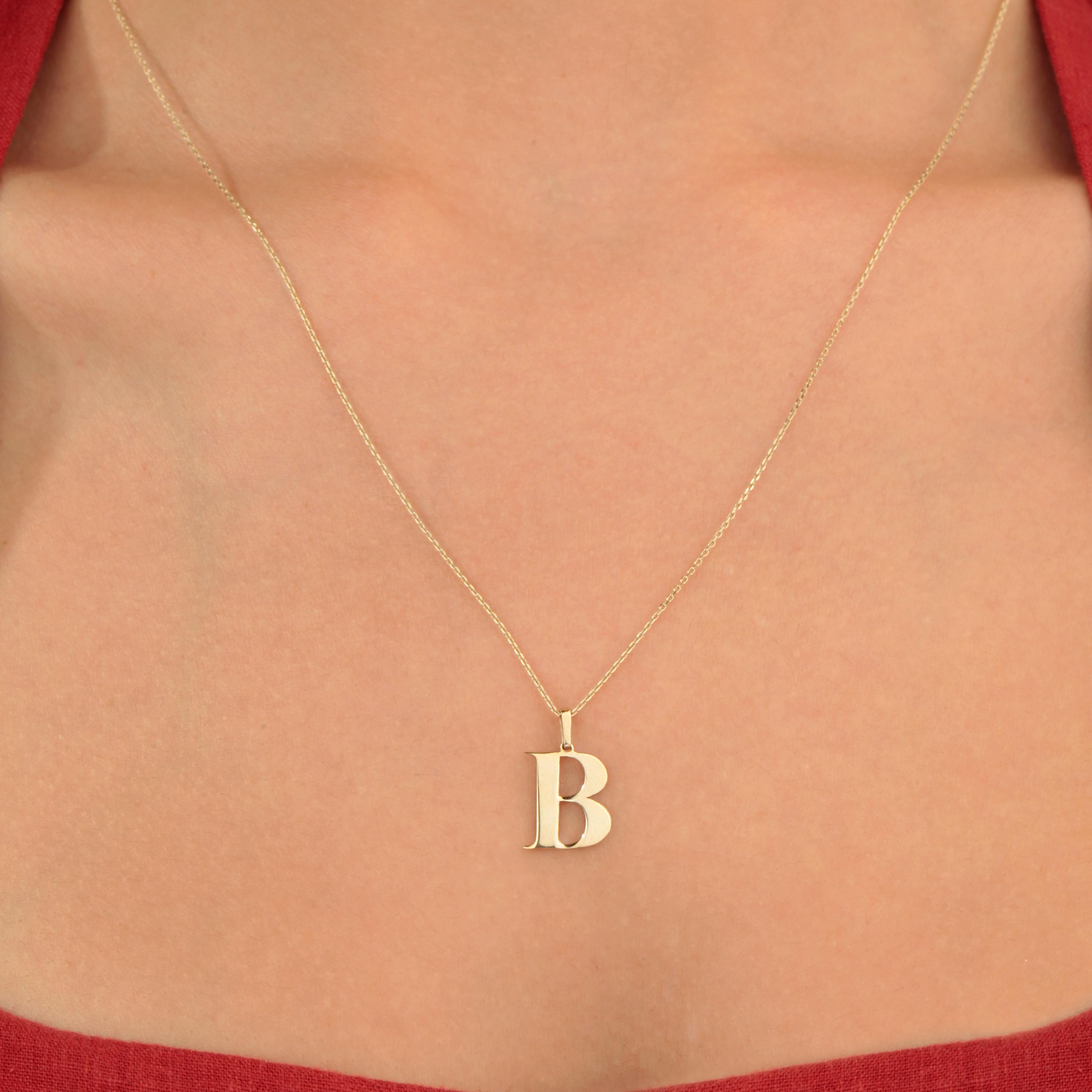 14K Solid Gold Initial Necklace, Personalized Letter Pendant Choker ...