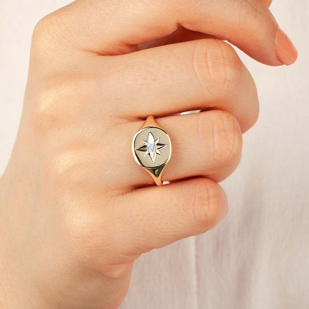 Polaris Star Ring 14k Solid Gold, Diamond Compass Signet Ring, North ...
