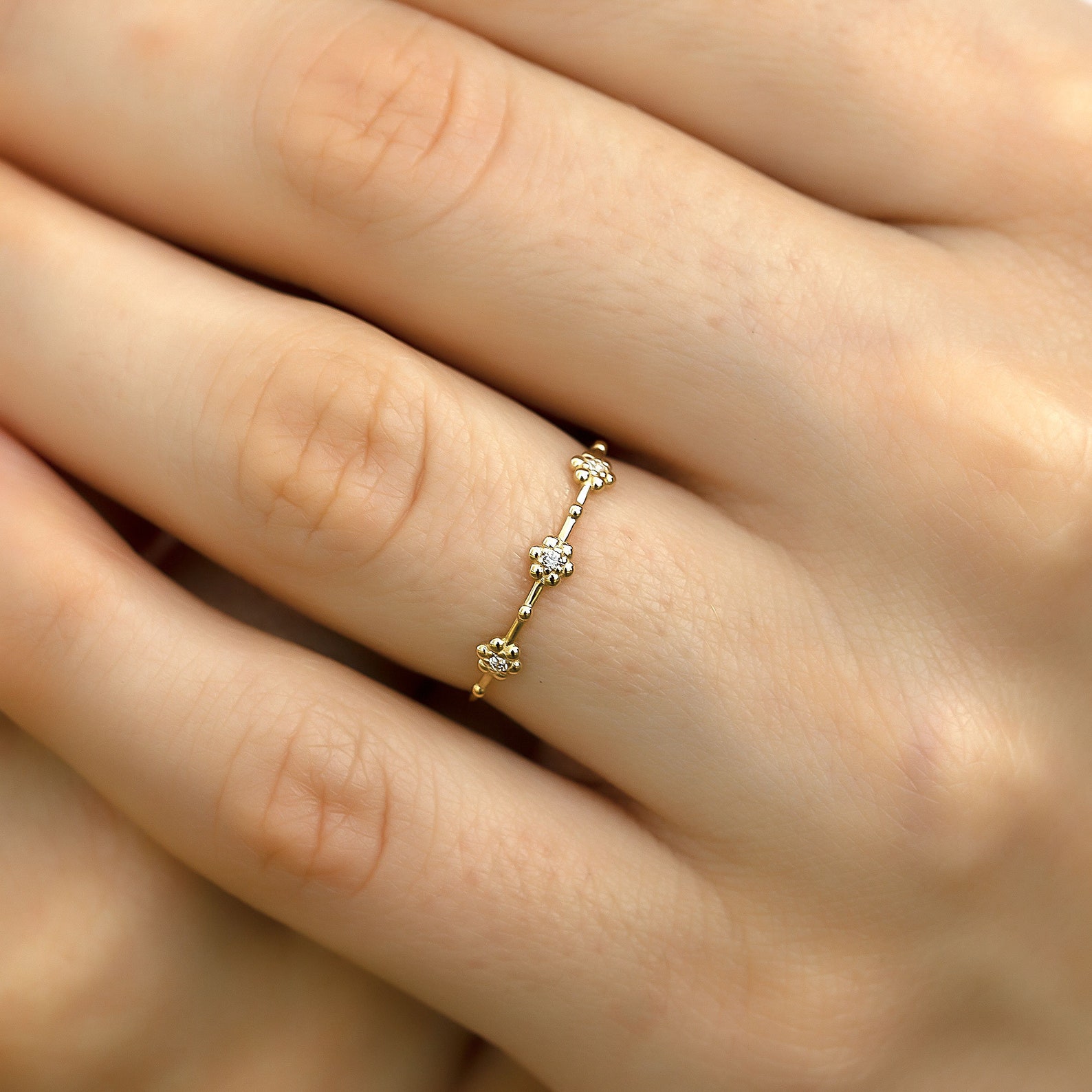 14k Solid Gold Tiny Flower Ring Dainty Leaf Ring Nature - Etsy