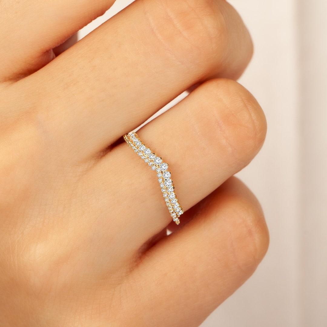 Double Curved Wedding Band 14K Solid Gold, Thin Contour Ring 10k_18k ...