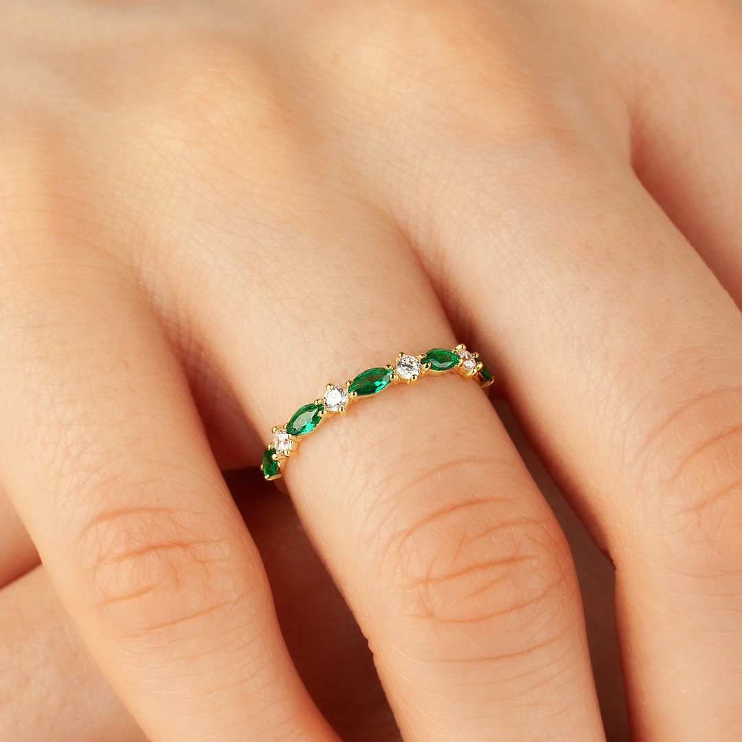 Emerald Marquise Band Ring, Alternating Emerald Marquise Gemstone Ring, Green Eternity Wedding ...