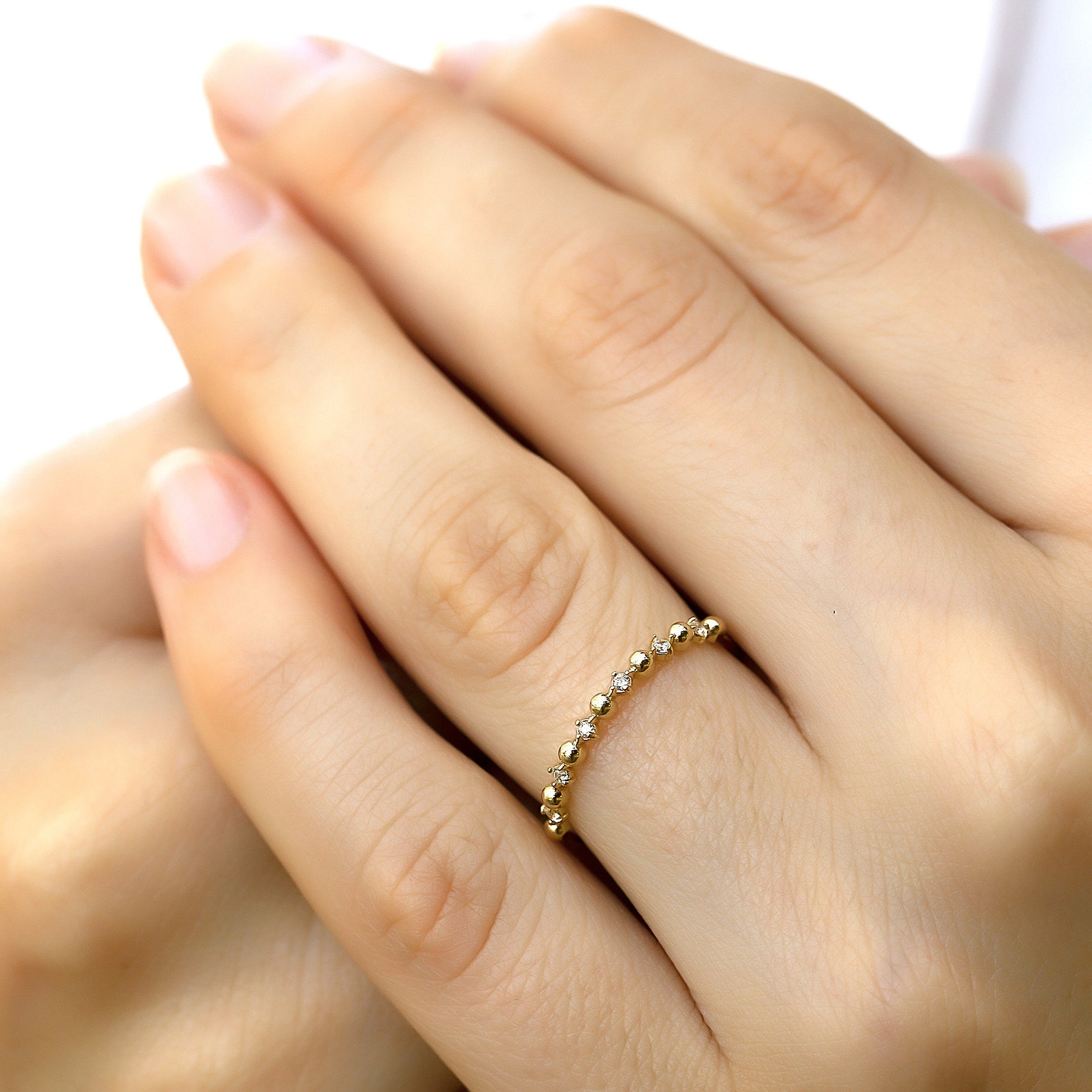 14K Solid Gold Diamond Bold Bead Ring, Dainty Beaded Wedding Ring for Women, Gold Bubble Ring ...
