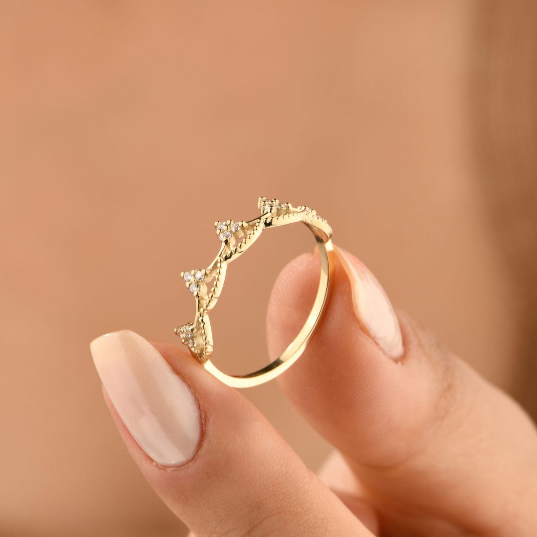 14k Solid Gold Queen Crown Ring, Diamond Queen Crown Ring, Dainty ...