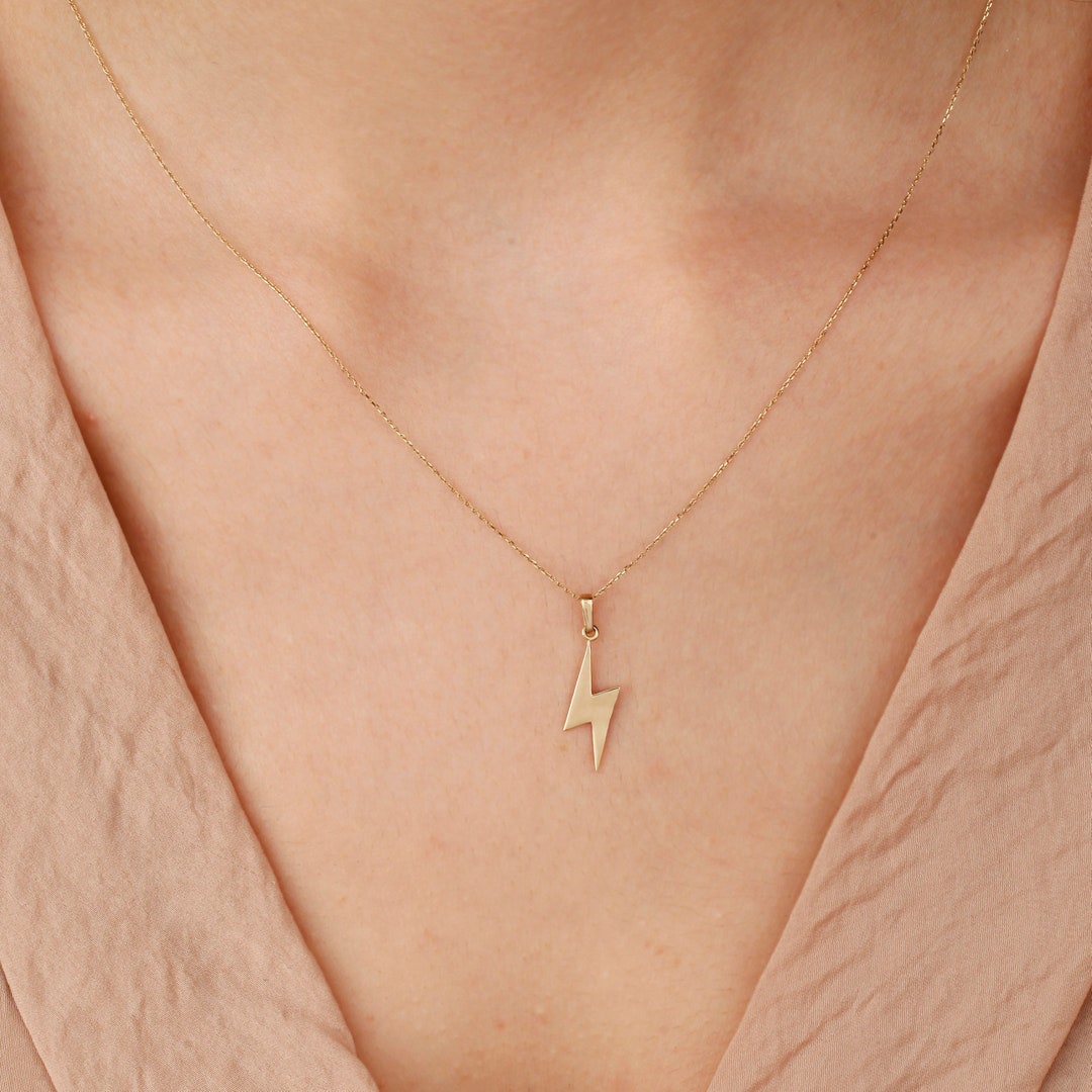 14k Solid Gold Lightning Bolt Necklace, Thunder Pendant, Engraved ...