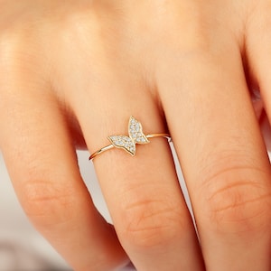 14k Solid Gold Butterfly Wedding Ring, Floral Band 10k 18k Real Gold ...
