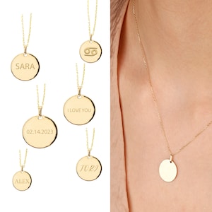 14k Solid Gold Custom Engrave Disc Necklace, Both Side Free Laser ...