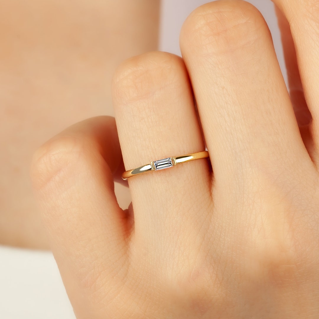 14k Solid Gold Baguette Solitaire Ring, Premium Baguette Ring for Her, Dainty Proposal Ring ...
