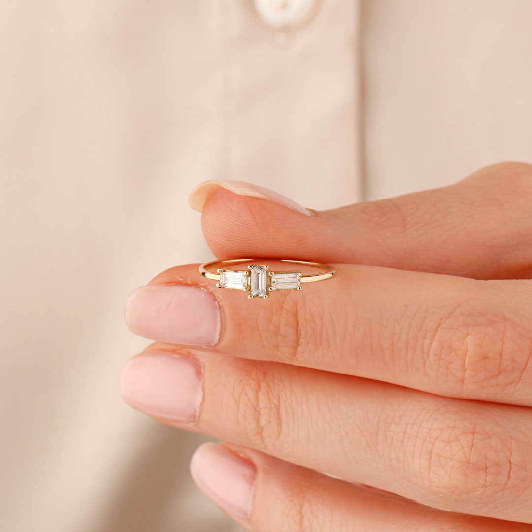 Art Deco Baguette Ring in 14k Solid Gold, Trio Baguette Cut Ring ...