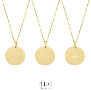 14k Solid Gold Custom Engrave Disc Necklace, Both Side Free Laser ...