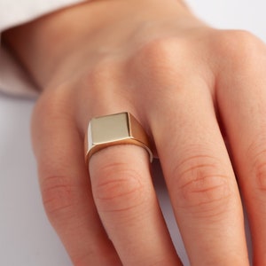 14k Solid Gold 11mm Square Signet Ring, 10k 18k Real Gold Engraved Pinky Ring for Men, Women ...