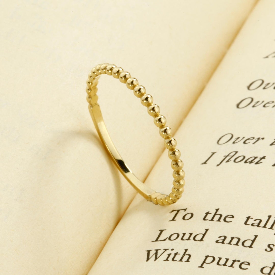 14k Solid Gold Beaded Band Ring, Gold Ball Eternity Ring, Stackable ...