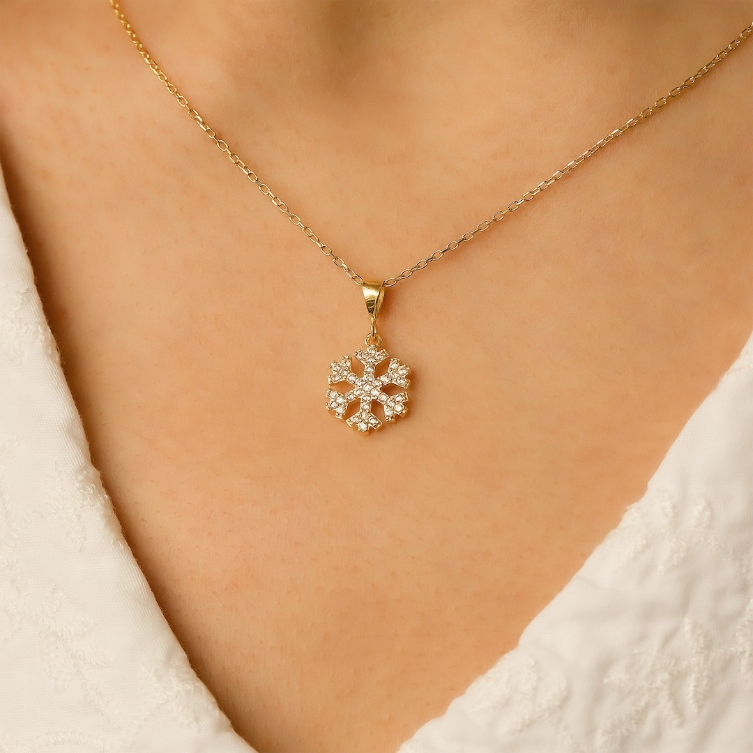 Solid Gold Snowflake Necklace, 14K Solid Gold Winter Symbol, Diamond ...