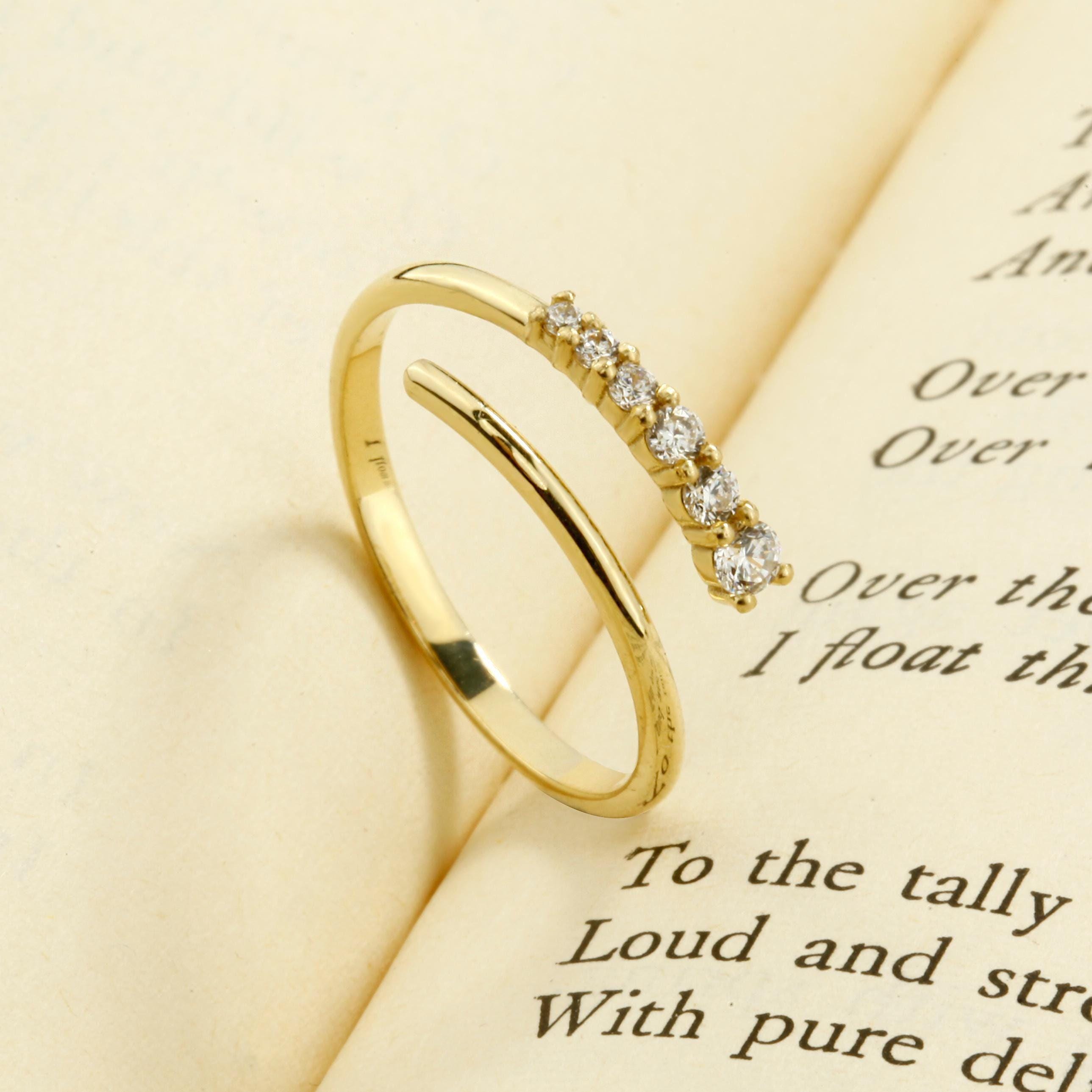 14K Solid Gold Spiral Open Ring, Simulated Diamond Wrap Around Ring ...