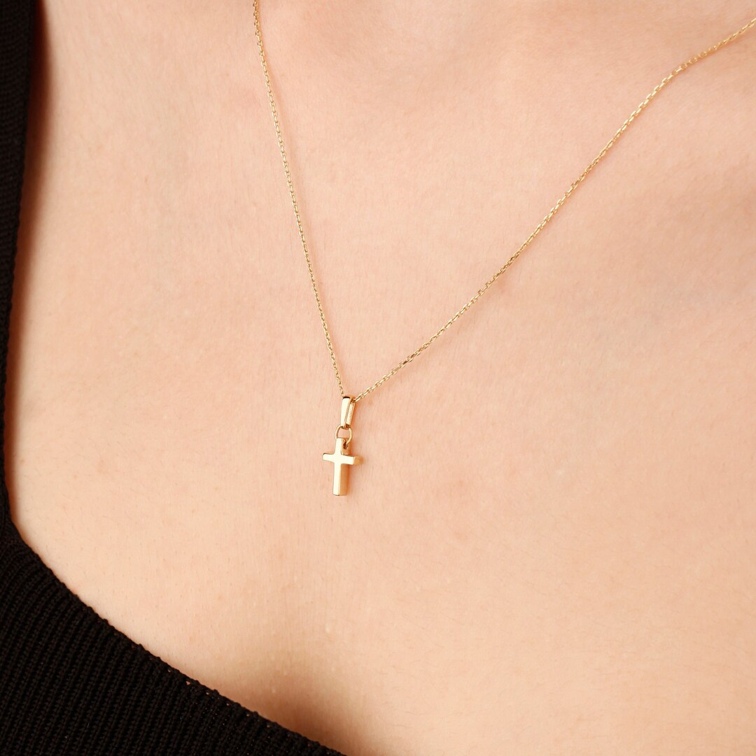 Solid Gold Cross Necklace, 14K Real Gold Dainty Cross Chain Pendant ...