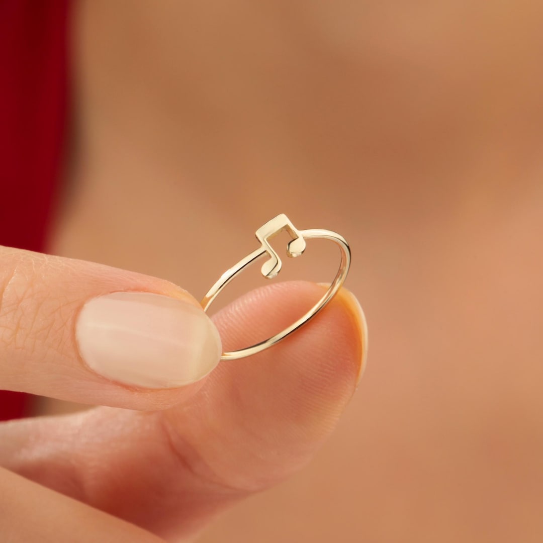 14K Solid Gold Unique Music Note Ring for Women, Minimal Musical ...
