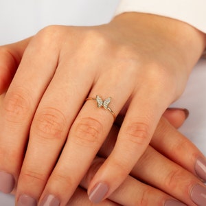 14k Solid Gold Butterfly Wedding Ring, Floral Band 10k 18k Real Gold ...