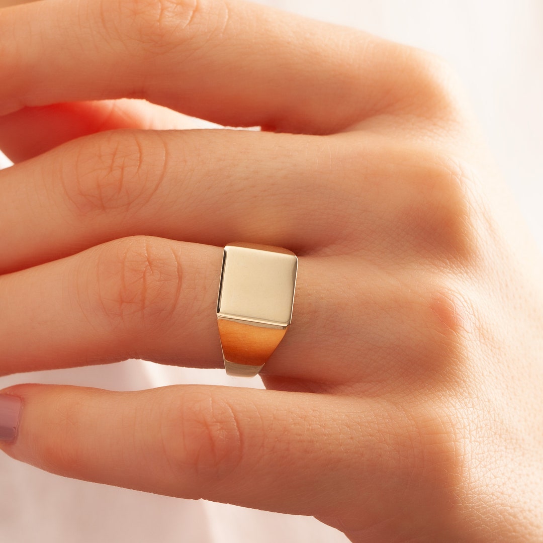 14k Solid Gold 11mm Square Signet Ring, 10k 18k Real Gold Engraved Pinky Ring for Men, Women ...