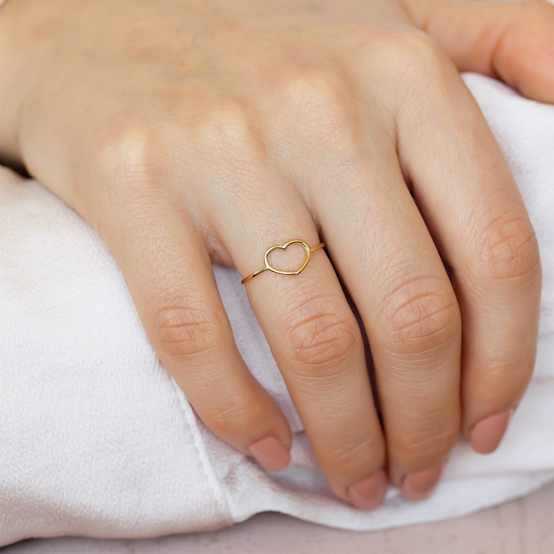14K Solid Gold Open Heart Ring, Real Gold Hearts Band Ring, Thin Love ...