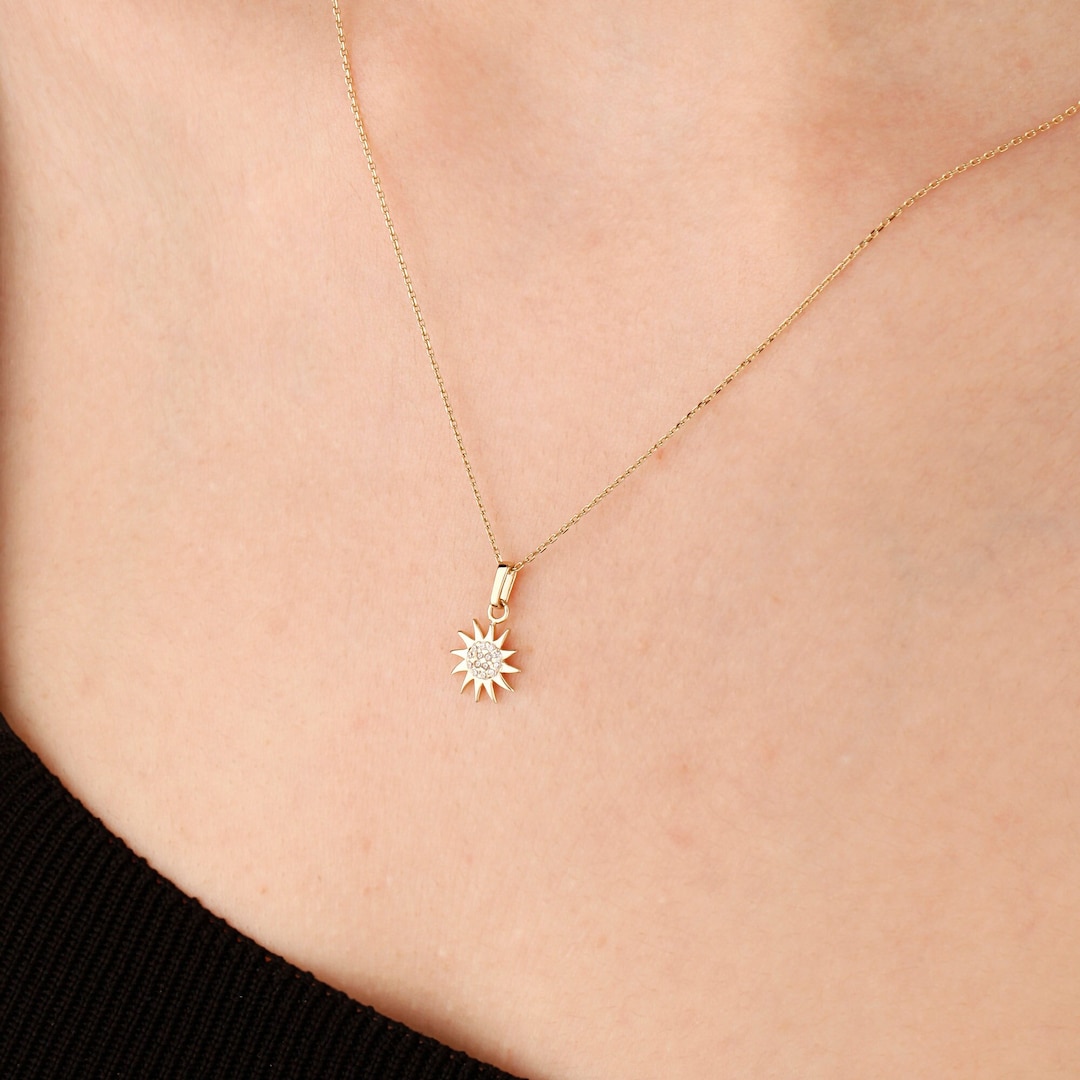 14K Solid Gold Mini Sun Necklace, Dainty Sun Pendant, Minimalist ...