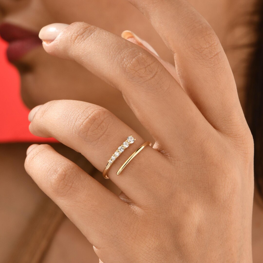 14K Solid Gold Spiral Open Ring, Simulated Diamond Wrap Around Ring ...