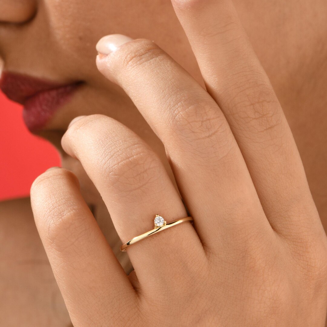 14k Solid Gold Single Solitaire Diamond Ring, Floating Diamond Round ...