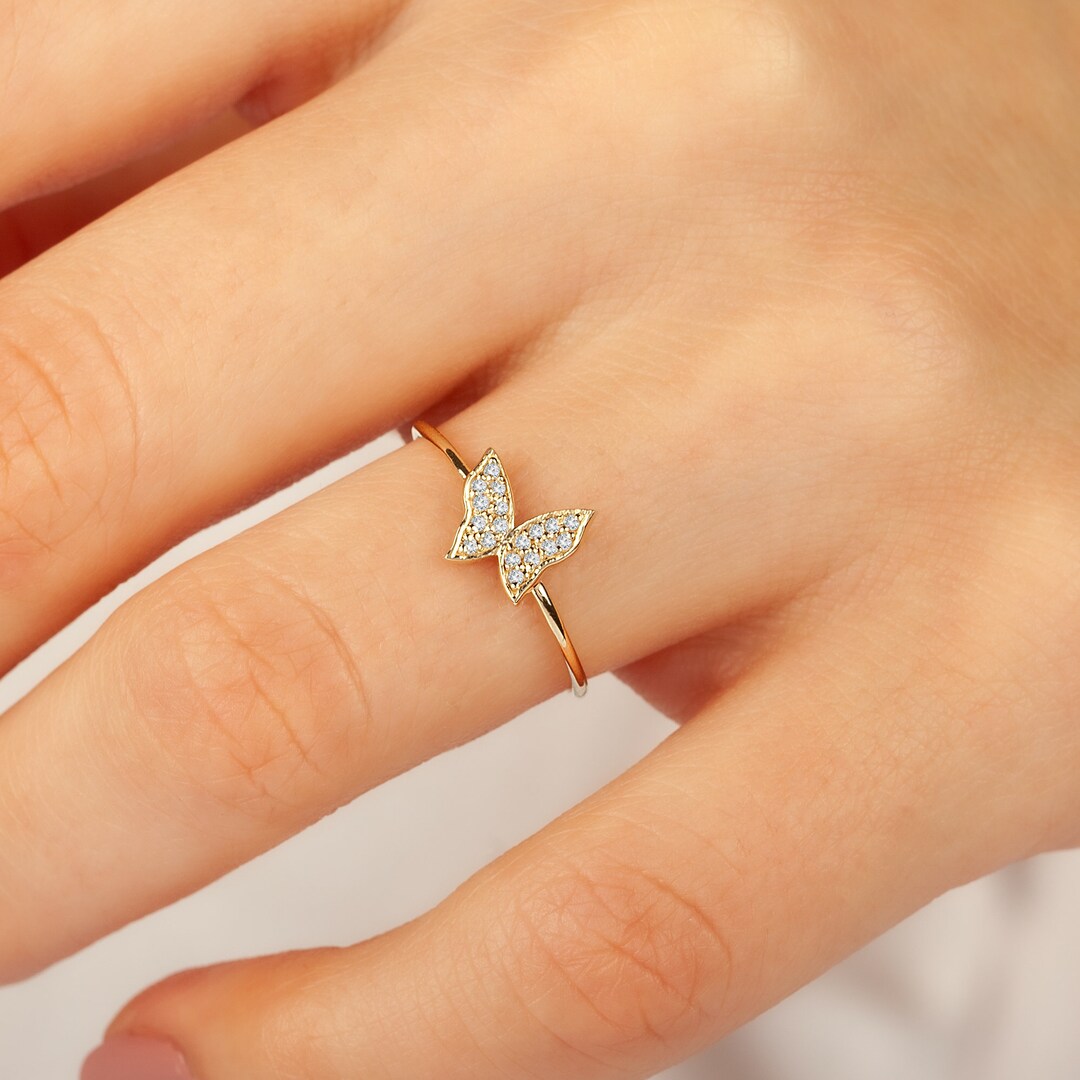 14k Solid Gold Butterfly Wedding Ring, Floral Band 10k 18k Real Gold ...