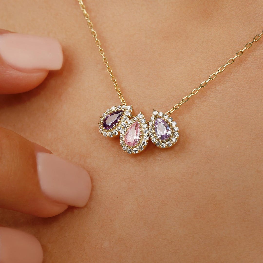 14k Solid Gold Pear Birthstone Necklace: Pave Set Mom Family Stone ...