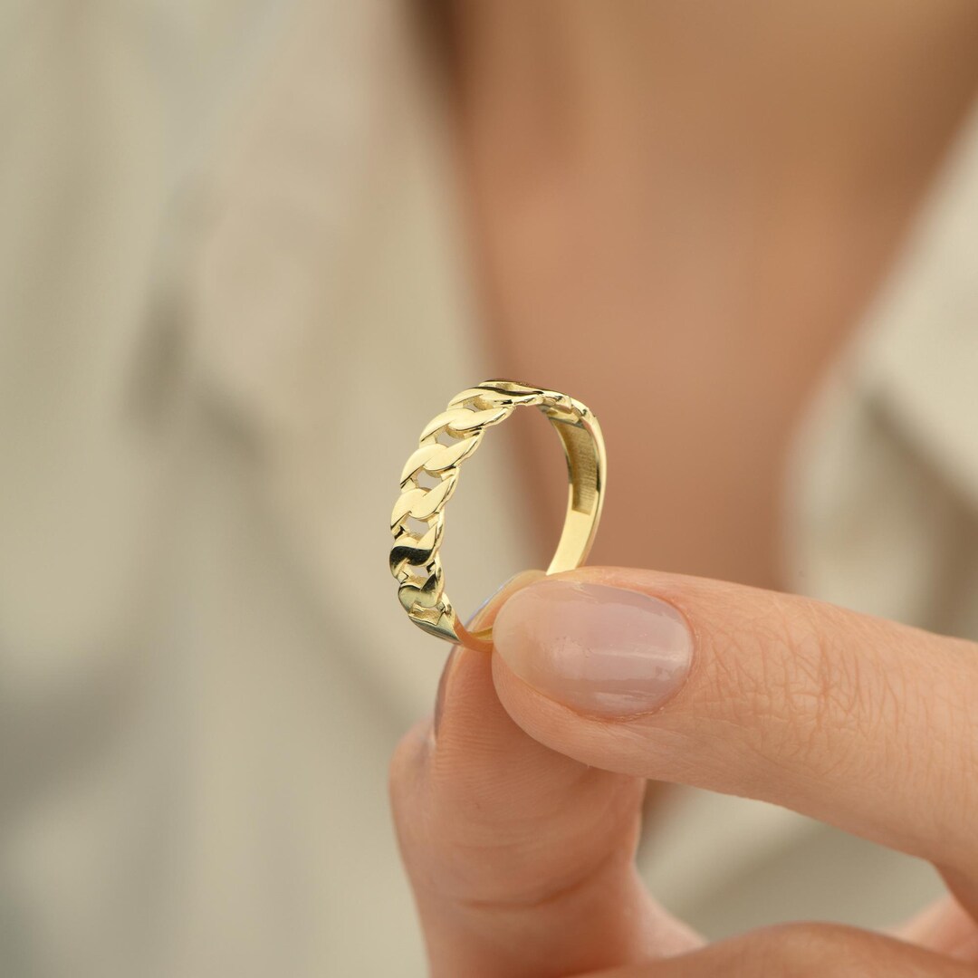 14k Solid Gold Cuban Chain Design Ring, Cuban Link Ring, Dainty ...
