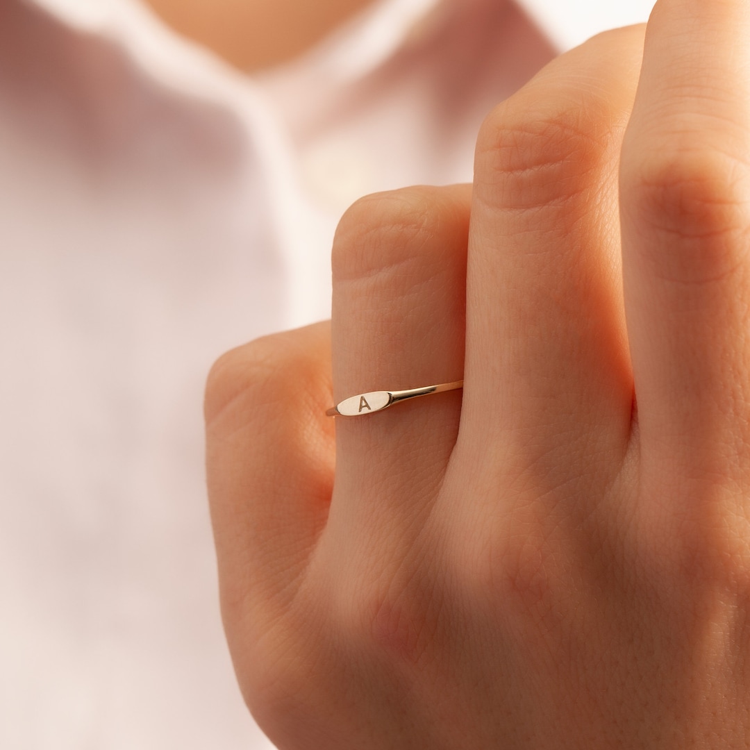 14k Solid Gold Tiny Signet Ring,small Plain Pinky Ring, Personalized Engraved Signet Ring, Ultra ...