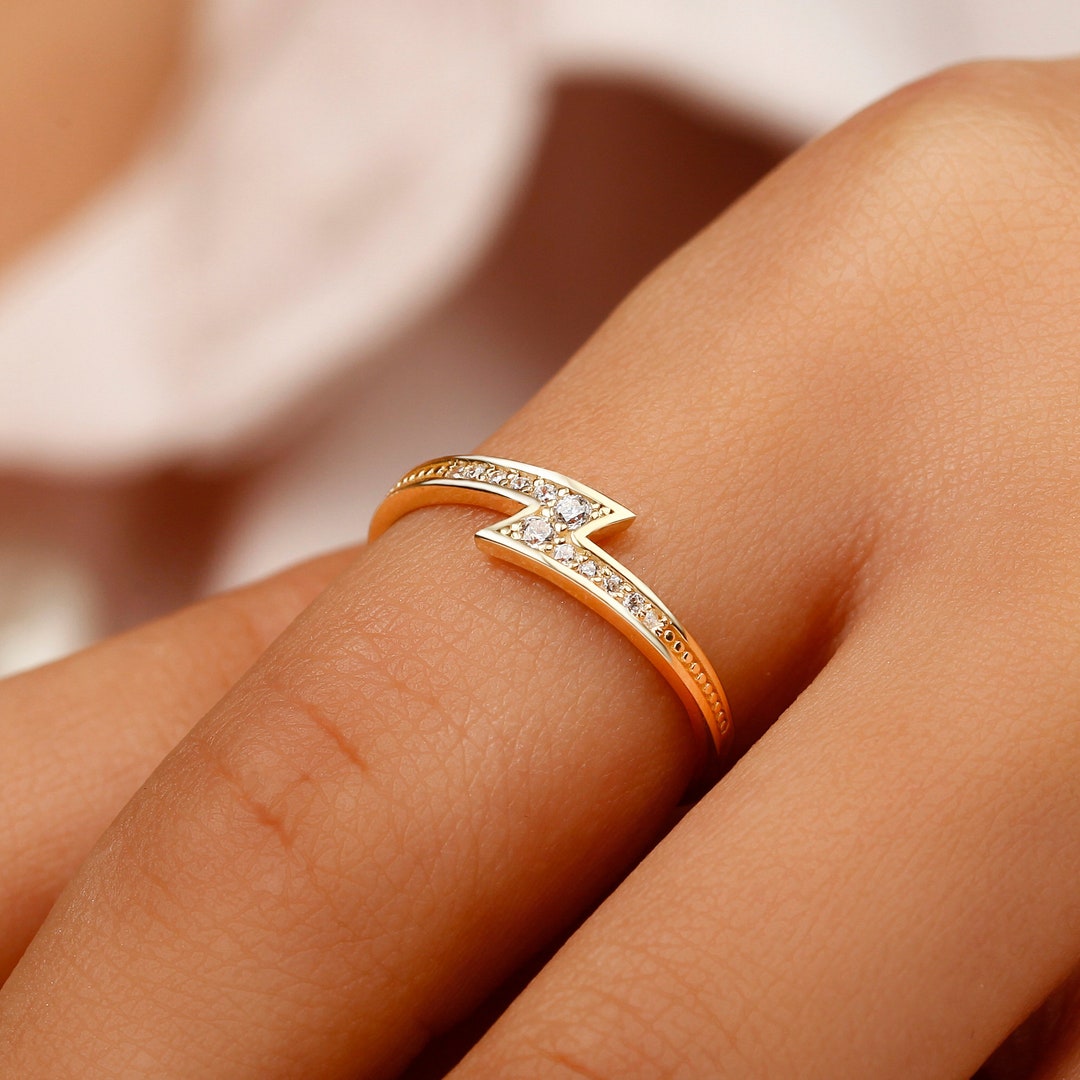 14k Solid Gold Lightning Ring, Zig Zag Knuckle Ring, Lightning Bolt Czdiamond Wedding Ring ...