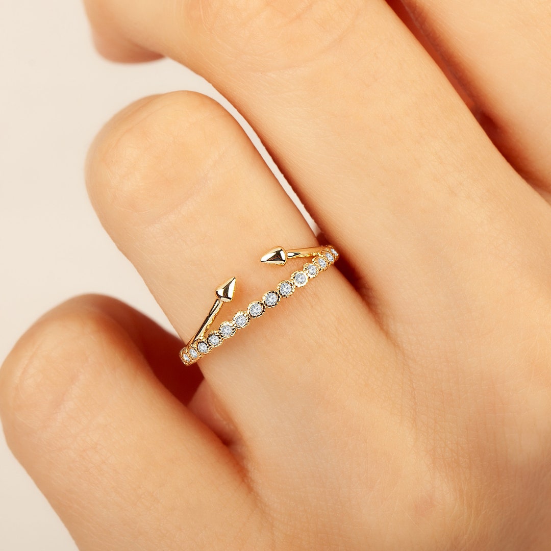 14k Solid Gold Bezel Arrow Ring, Infinity Pave Diamond Arrow Band Ring ...