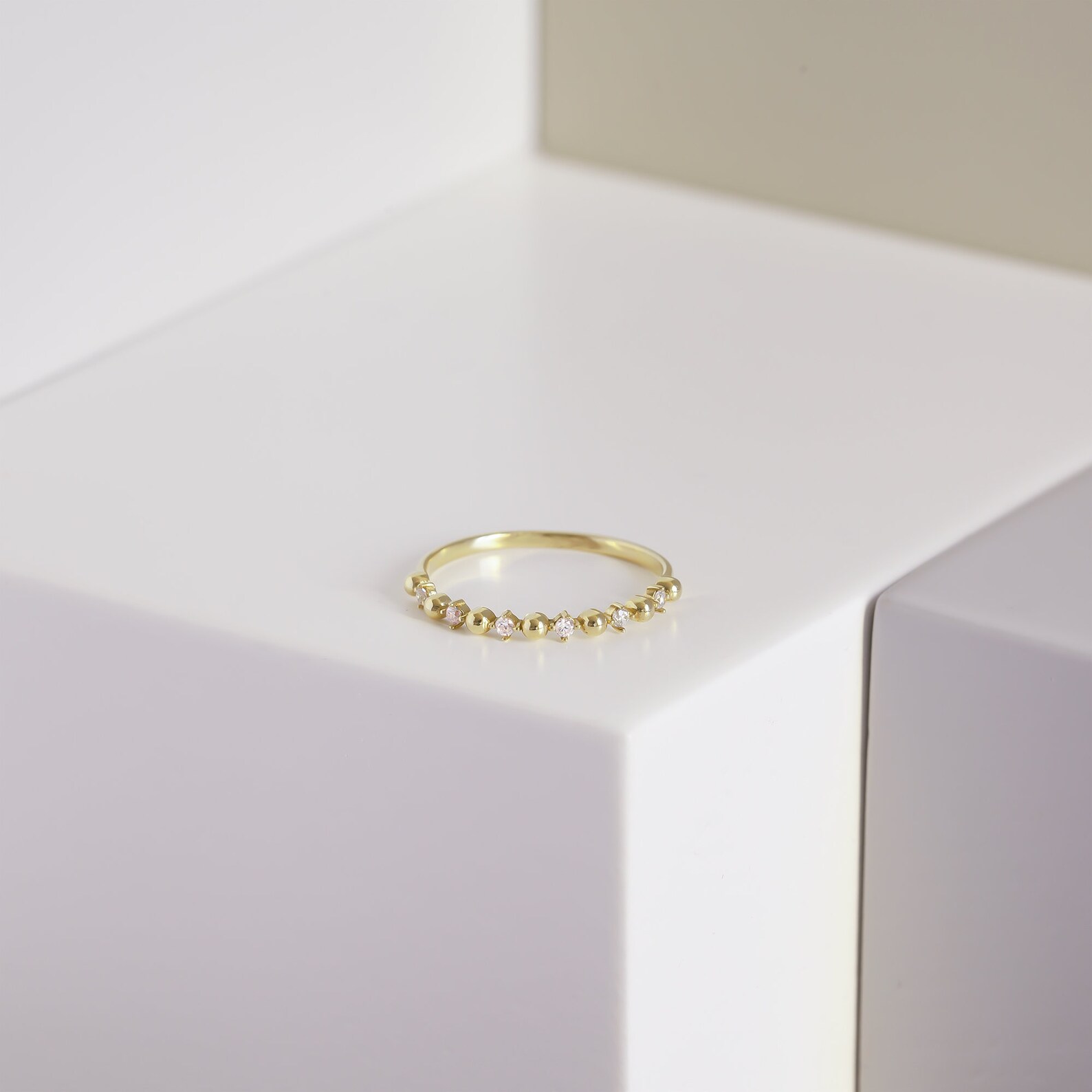 14K Solid Gold Diamond Bold Bead Ring, Dainty Beaded Wedding Ring for Women, Gold Bubble Ring ...