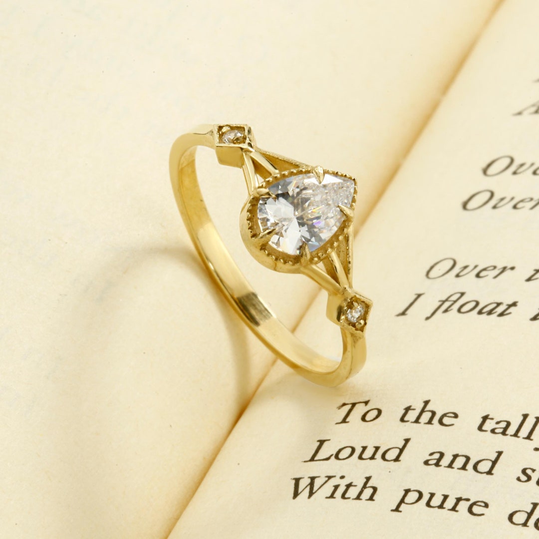 14K Solid Gold Pear Simulated Diamonds Ring, Natural Pear Shaped Ring ...