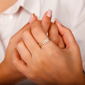 14K Solid Gold Double Flat Beaded Ring, Duo Eternity Ball Ring, 10k 18k Real Gold Simple Bubble ...