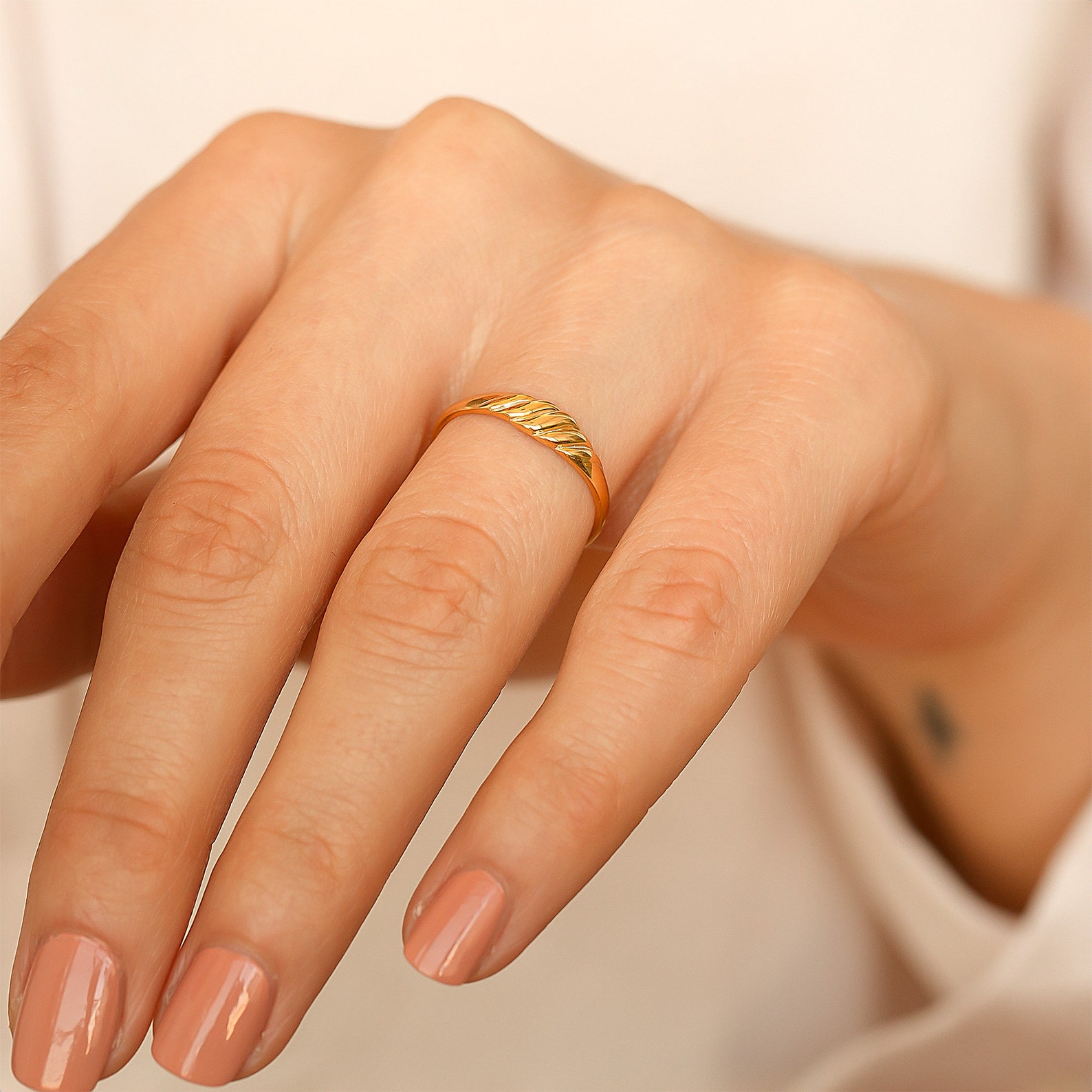 14k Solid Gold Tiny Croissant Ring Thin Croissant Gold Dome - Etsy