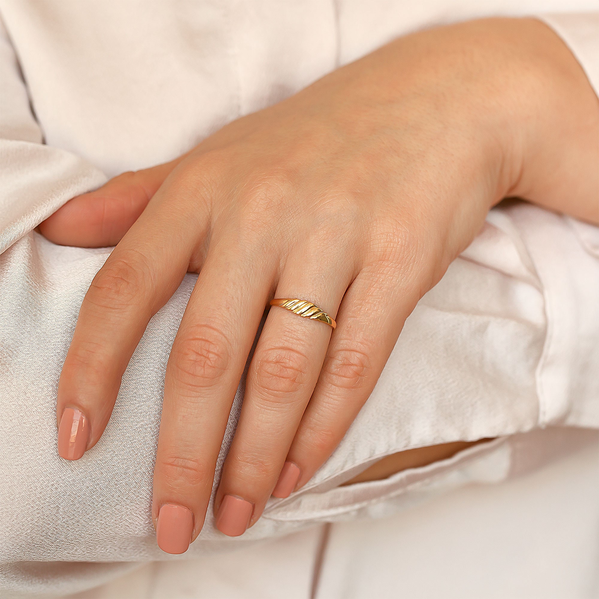 14k Solid Gold Tiny Croissant Ring Thin Croissant Gold Dome - Etsy