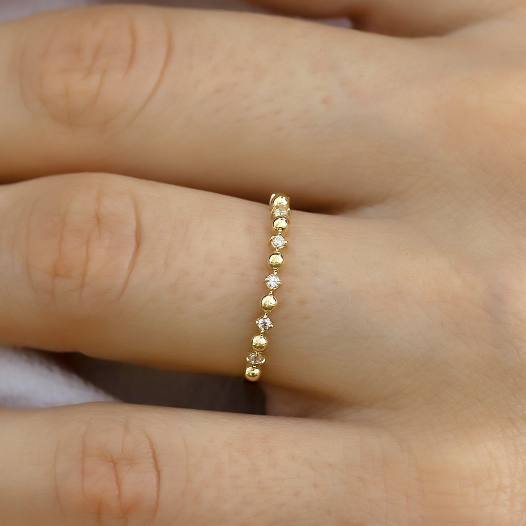 14K Solid Gold Diamond Bold Bead Ring, Dainty Beaded Wedding Ring for ...