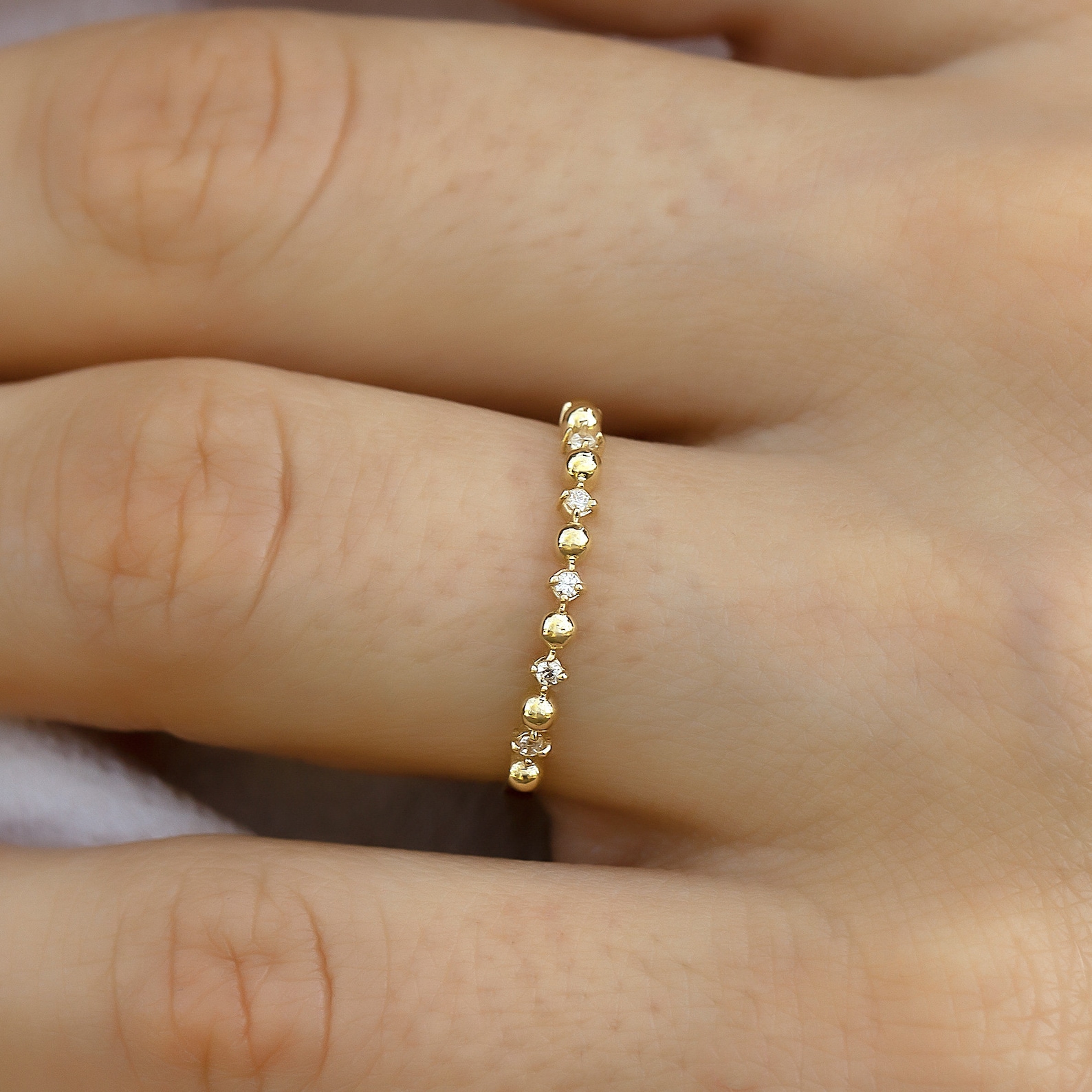 14K Solid Gold Diamond Bold Bead Ring, Dainty Beaded Wedding Ring for Women, Gold Bubble Ring ...