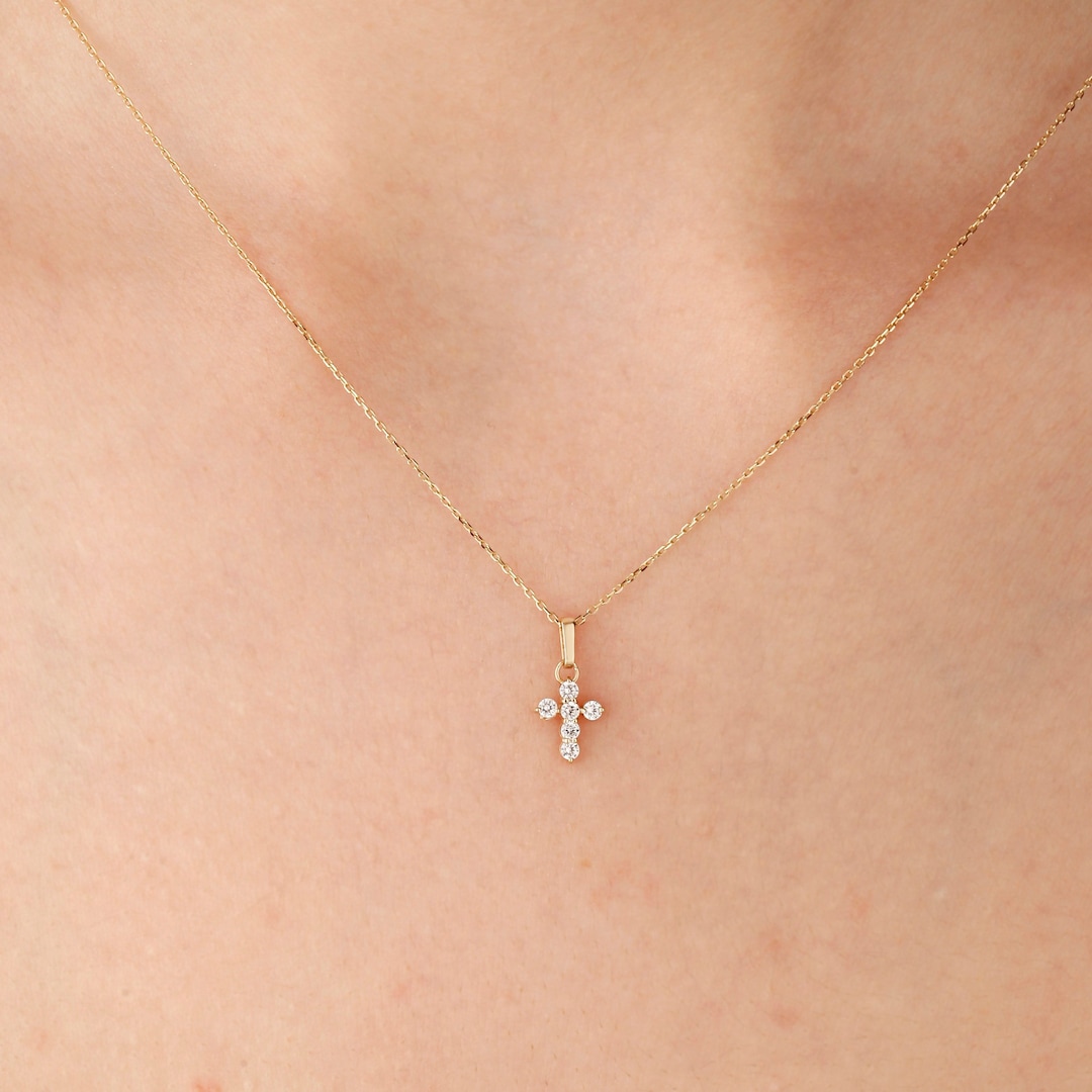 14k Solid Gold Cross Necklace, Dainty Protection Necklace, Mini Cross ...