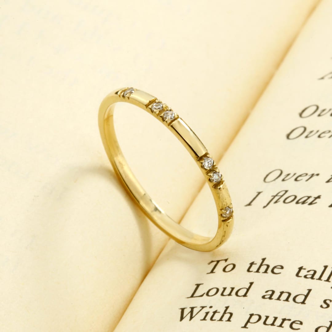 14k Gold Dainty Diamond Wedding Band - Micro Pave Set Ring for Women ...